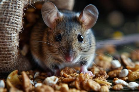 Premium Photo A Tiny Mouse Eats Grains While Sitting In A Gnawed Grey Burlap Bag