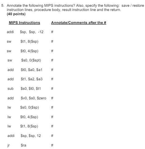 Solved 5 Annotate The Following Mips Instructions Also