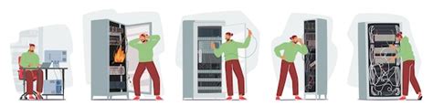 Premium Vector Set Of Young Male Sysadmin Character Working On