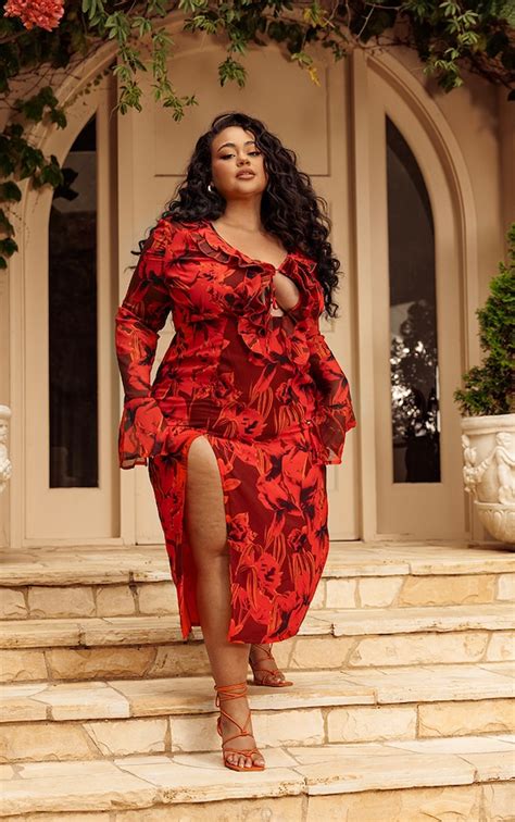 Plus Red Floral Print Chiffon Frill Midi Dress Plus Size