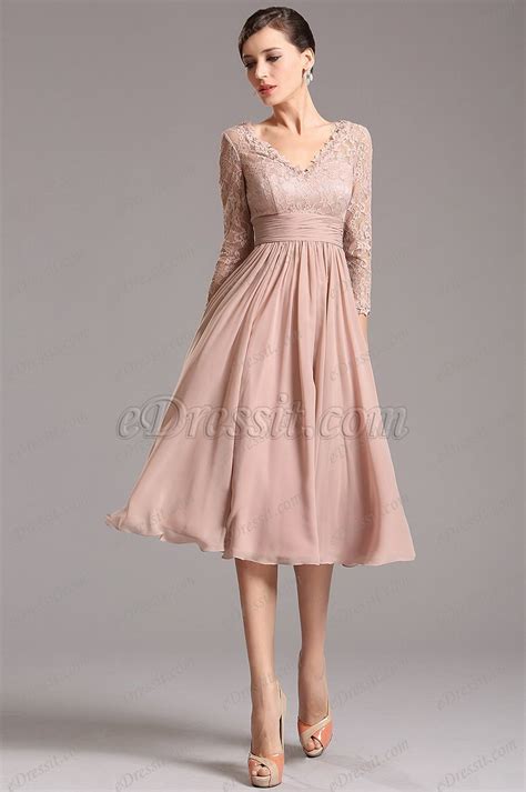 Rosy Brown Tea Length Cocktail Dress With Lace Sleeves 26160146