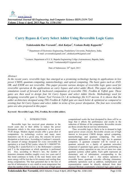 Carry Bypass And Carry Select Adder Using Reversible Logic Ijecs Carry Bypass And Carry Select Adder Using Reversible Logic Ijecs