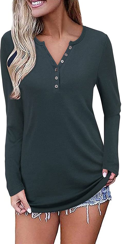 Sunmoday Henley Shirt Women Long Sleeve Shirts For Women V Neck Henley