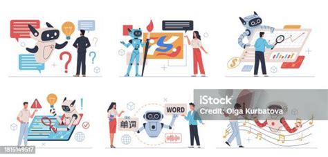 인공 지능은 사람과 상호 작용합니다 컴퓨팅 시스템 자체 개발 챗봇 도움말 로봇이 명령을 실행 번역가 아티스트 및 분석가 만화 플랫 오늘날의 벡터 세트 인공지능에 대한 스톡