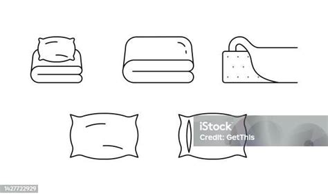 간단한 침대 린넨 세트 벡터 윤곽선 아이콘 Eps 10 베개 베개 케이스 침대 시트 기호 따뜻한 담요 기호 고립 된 검은 색 그림 흰색 배경에 개발 앱 디자인 웹을 위해 0