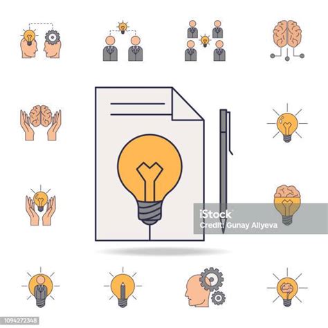 한 장의 종이 전구 Fild 색상 아이콘에 기록 합니다 색상 아이디어 아이콘의 자세한 설정 합니다 프리미엄 그래픽 디자인입니다 웹사이트 웹 디자인에 대 한 컬렉션 아이콘 중