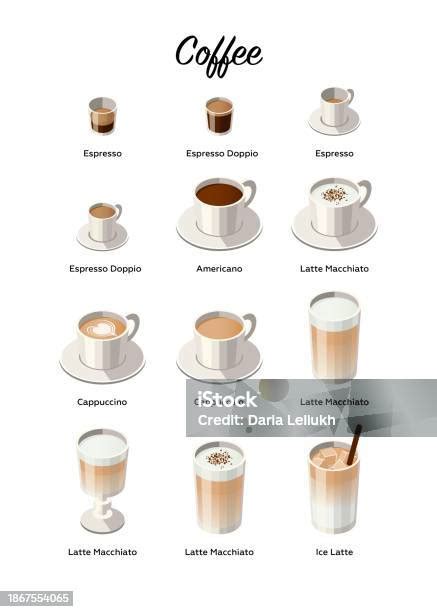 백색 배경에 고립된 커피의 다른 종류와 Isometric 컵의 벡터 그림입니다 에스프레소 코코아 파우더를 곁들인 라떼 마끼아또