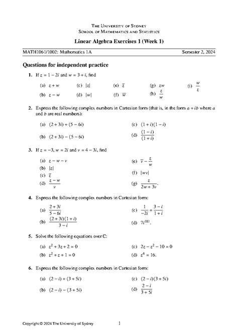 Linear Algebra Exercises 1 Week 1 The University Of Sydney School Of
