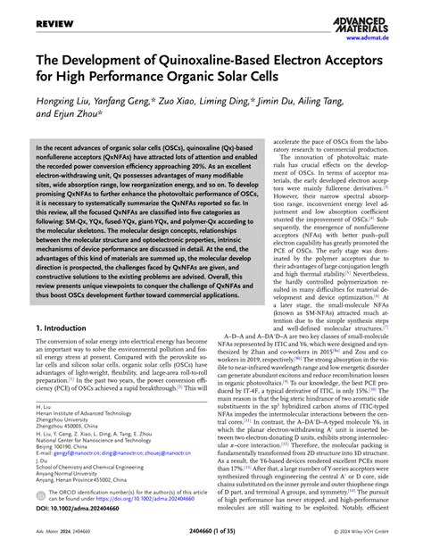 The Development Of Quinoxaline‐based Electron Acceptors For High Performance Organic Solar Cells