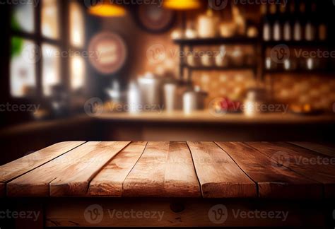 Empty Wooden Table And Blurred Background Of Coffee Shop Or Restaurant