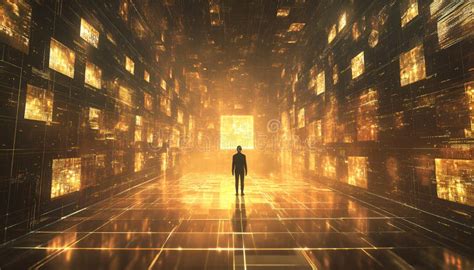 Man Facing A Wall Of Glowing Images Representing Big Data Concept Of