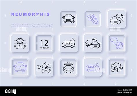 Accident Set Line Icon Fire Collision Smoke Slip Slippery Road