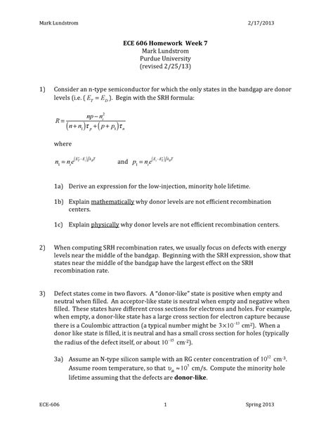 Week7HW Homework ECE 606 Homework Week 7 Mark Lundstrom Purdue University Revised