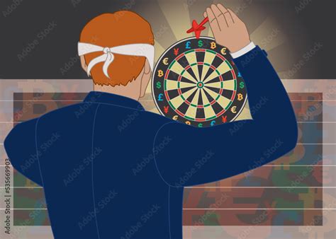 Businessman Wearing Blindfold Throwing Dart At Dart Board With Different Currency Symbols With