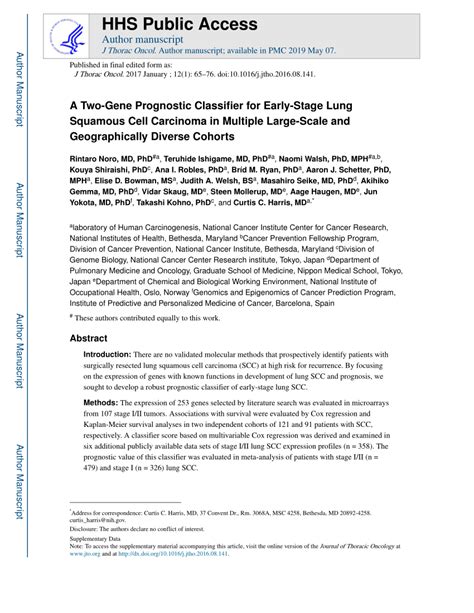 Pdf A Two Gene Prognostic Classifier For Early Stage Lung Squamous Cell Carcinoma In Multiple