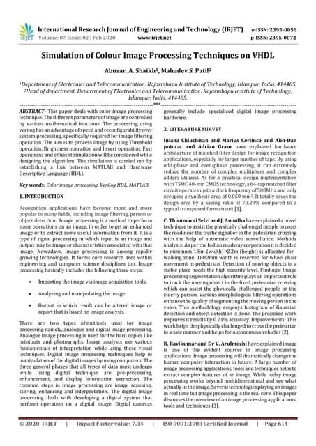 Irjet Simulation Of Colour Image Processing Techniques On Vhdl Pdf