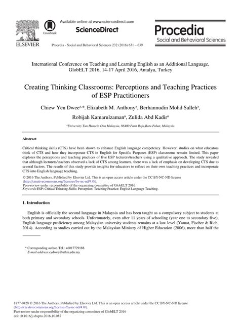 Pdf Creating Thinking Classrooms Perceptions And Teaching Practices Of Esp Practitioners