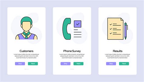 평면 아이콘이 있는 모바일 앱 페이지 화면에 대한 설문조사 및 평가 개념 Ux Ui 디자인 템플릿 벡터 일러스트레이션 Brand Name Online Messaging