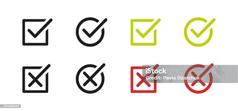 틱과 십자가 설정 아이콘 확인 표시 거부 거부 확인 확인 응답 옵션 수락 거부 테스트 동의 기술 개념입니다 흰색 배경에 벡터 선