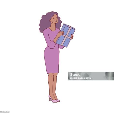 포장과 장식 된 선물 상자를 들고 축제 드레스에 젊은 여자의 벡터 일러스트 레이 션 공휴일에 대한 스톡 벡터 아트 및 기타 이미지 공휴일 그리기 기념일 Istock