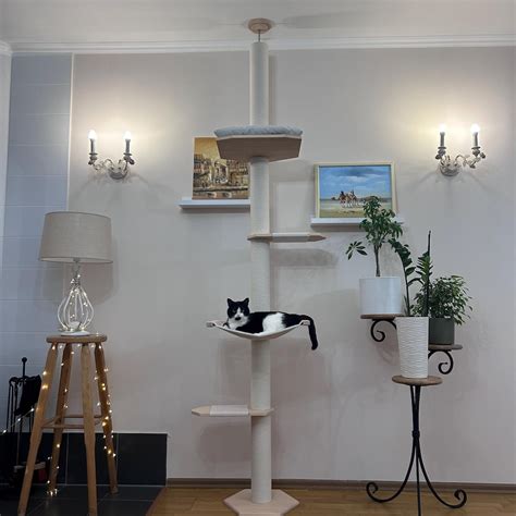 Natural Floor To Ceiling Cat Tree With Cozy Cat Hammock And Cat Bed Tall