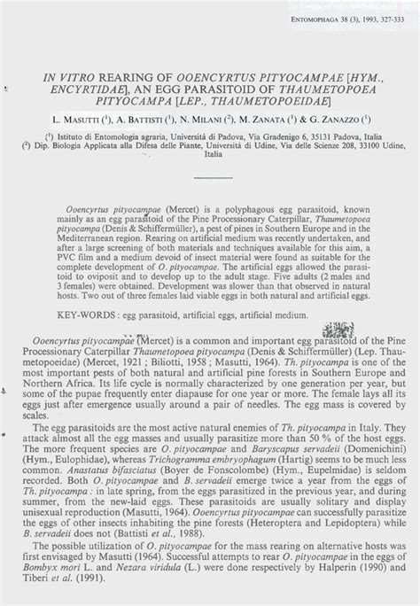 Pdf In Vitro Rearing Ofooencyrtus Pityocampae [hym Encyrtidae] An