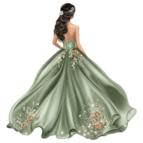 Sage Green Quinceañera Dress Clipart Floral Back View Png Etsy Uk