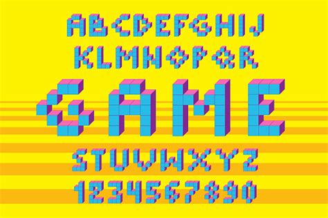 픽셀 복고풍 비디오 게임 글꼴입니다 80 S 복고풍 알파벳 글꼴 3차원 형태에 대한 스톡 벡터 아트 및 기타 이미지 3차원