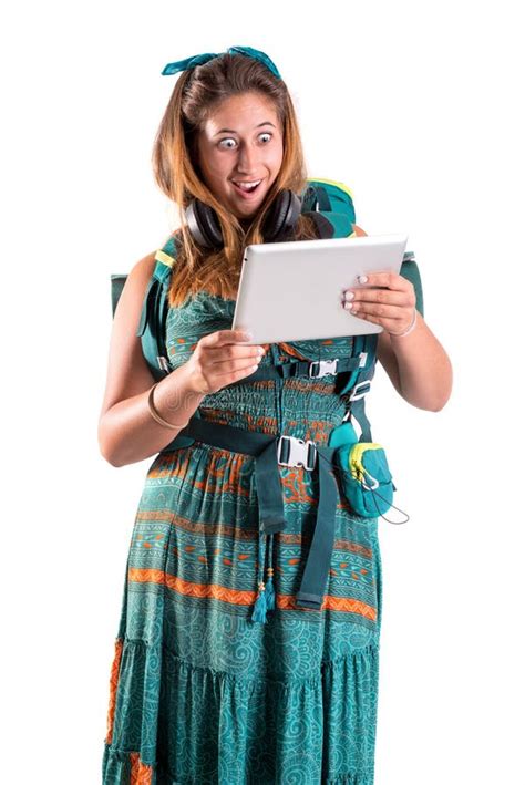 Reisendes Mdchen Mit Tablette Stockbild Bild Von Frau Tourist