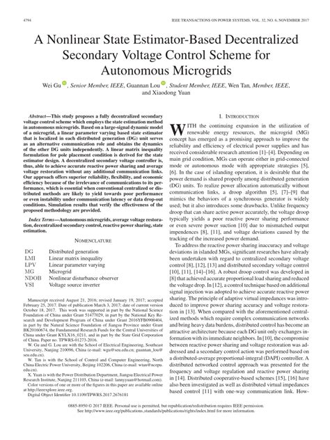 Pdf A Nonlinear State Estimator Based Decentralized Secondary Voltage Control Scheme For