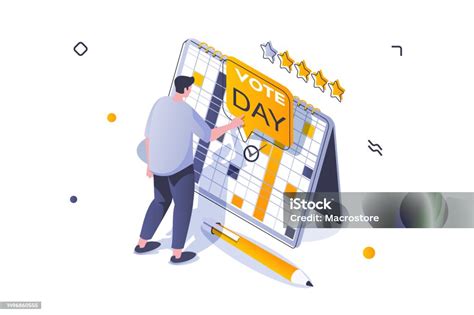 3d 등각 투영 설계의 선거 및 투표 개념 남성 유권자는 달력에 선거일을 표시하고 투표소에 올 계획입니다 웹 그래픽을 위한 아이소메트릭 인물 장면이 있는 벡터 그림 3차원