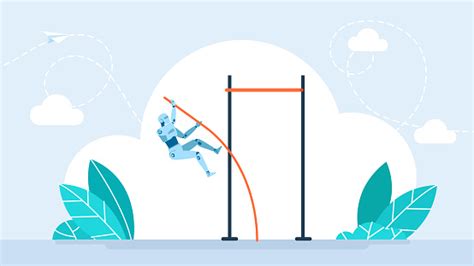 인공 지능의 실패 Ai의 문제 장대높이뛰기를 수행하는 로봇 인간형 장대높이뛰기 장애물을 극복하거나 목표를 달성합니다 비즈니스 개념 벡터 일러스트 레이 션 개념에 대한 스톡