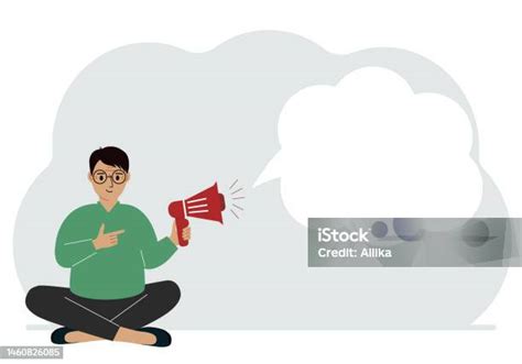 손에 마우스 피스를 든 남자가 다리를 꼬고 앉아 있습니다 라우드 스피커 버블에서 텍스트를 수용합니다 광고에 대한 스톡 벡터 아트 및 기타 이미지 Istock