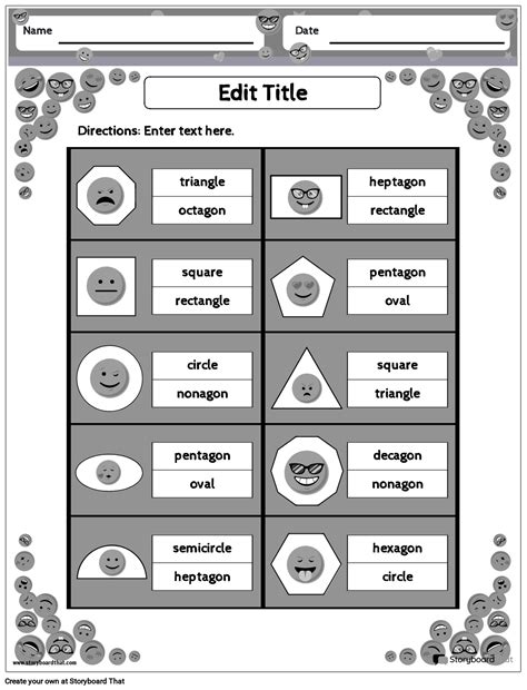 Emoji Themed 2d Shapes Worksheet Bandw Storyboard