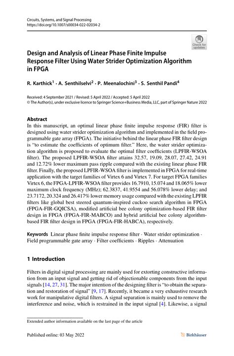 Pdf Design And Analysis Of Linear Phase Finite Impulse Response Filter Using Water Strider