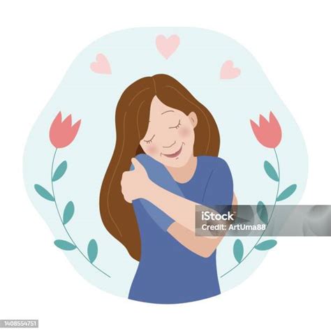 자기 사랑 개념 자신을 껴안는 행복한 여자 평평한 스타일의 일러스트레이션 Mental Wellbeing에 대한 스톡 벡터 아트