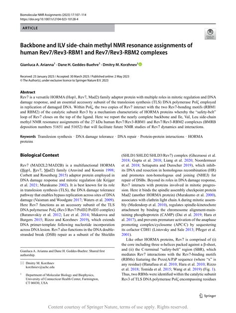 Backbone And Ilv Side Chain Methyl Nmr Resonance Assignments Of Human Rev7rev3 Rbm1 And Rev7