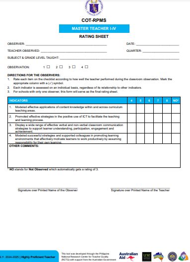 Official COT RPMS Rating Sheet For MT I IV For SY 2022 2023 2023 2024