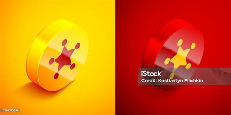 주황색과 빨간색 배경에 격리 된 등색 헥사그램 보안관 아이콘 경찰 배지 아이콘 서클 버튼입니다 벡터 3차원 형태에 대한 스톡 벡터 아트 및 기타 이미지 Istock