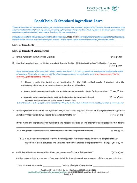Foodchain Id Standard Ingredient Form Download Free Pdf Life Sciences Biotechnology