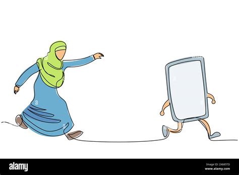 Single Continuous Line Drawing Arab Businesswoman Run Chasing Smartphone Employee Using Cell