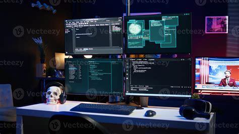 Close Up Of Dangerous Hacking Lines Of Code Running On Computer Monitors In Criminal Den