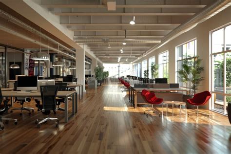 An Open Floor Plan Office With Modern Furniture And Team Workstations