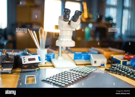 Modern Microscope Panel Of Led Light Indicators Is In The Production