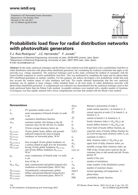 PDF Probabilistic Load Flow For Radial Distribution Networks With Photovoltaic Generators