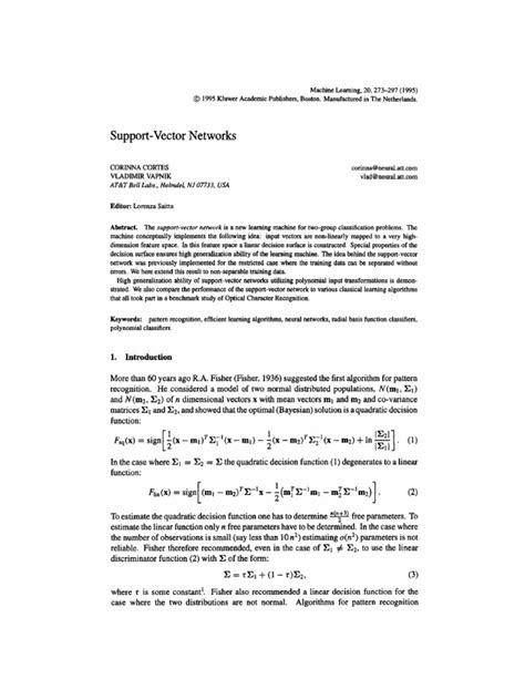 Support Vector Networks Pdf Mathematical Optimization Vector Space