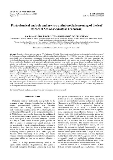 Pdf Phytochemical Analysis And In Vitro Antimicrobial Screening Of The Leaf Extract Of Senna