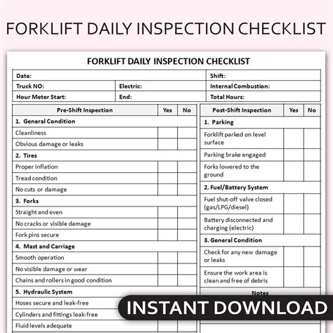 Printable Forklift Inspection Checklist Printable Free Templates