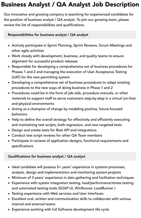 Business Analyst Qa Analyst Job Description Velvet Jobs