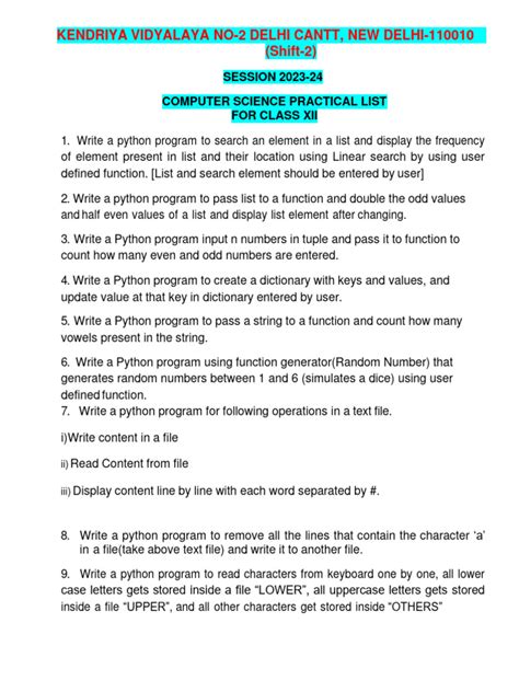 Practical List Xii Computer Science 2023 24 Pdf